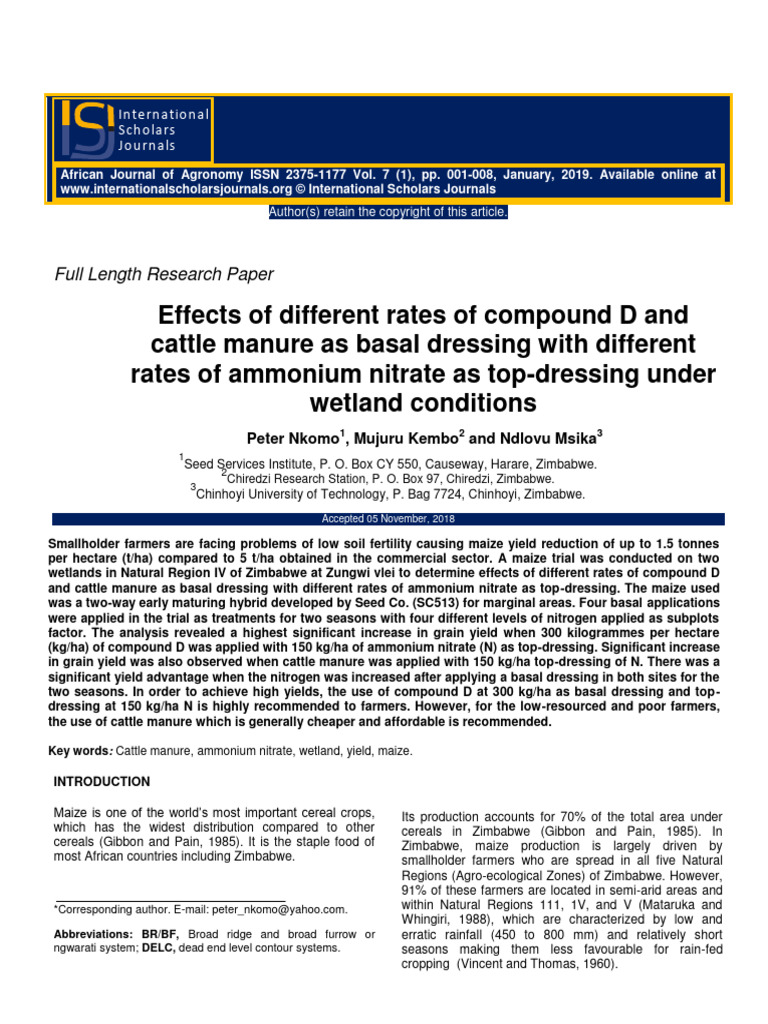 Effects of Different Rates of Compound D and Cattle Manure As Basal ...