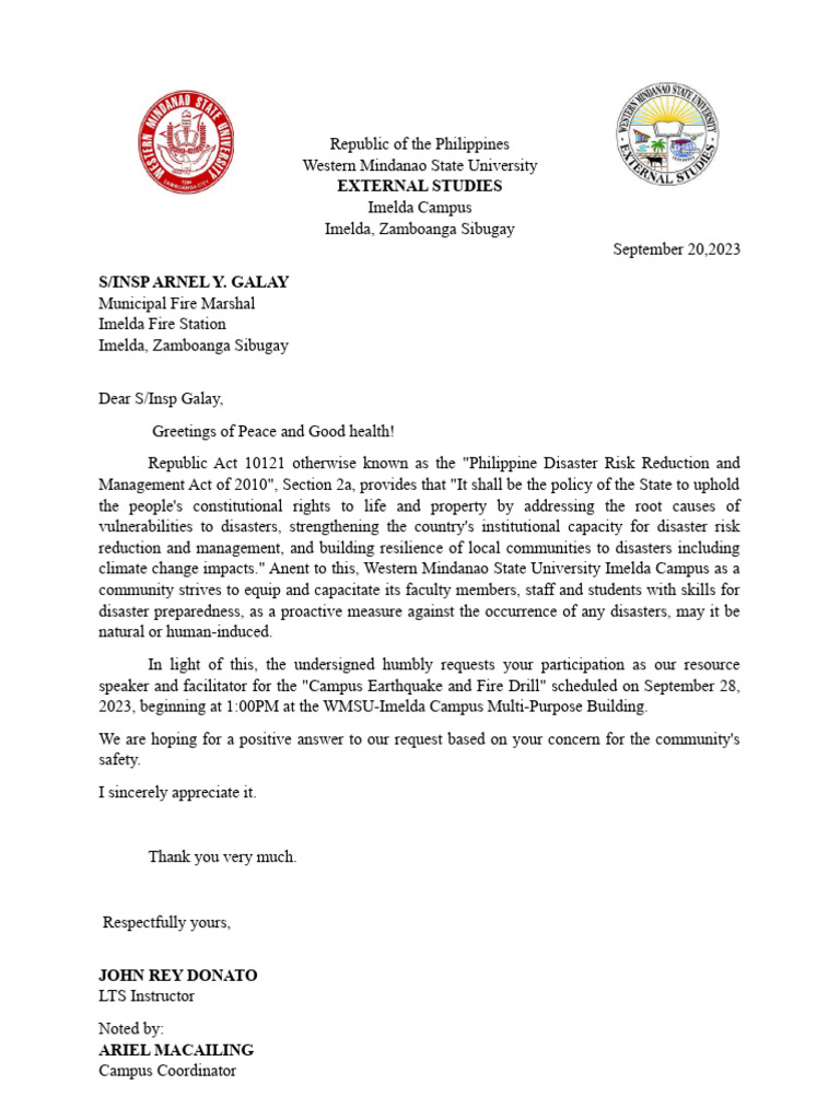 Letter For Earthquake Drill and Fire Reduction Management | PDF