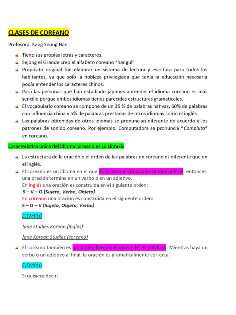 Clases 1 | PDF | Lenguaje Koreano | Verbo