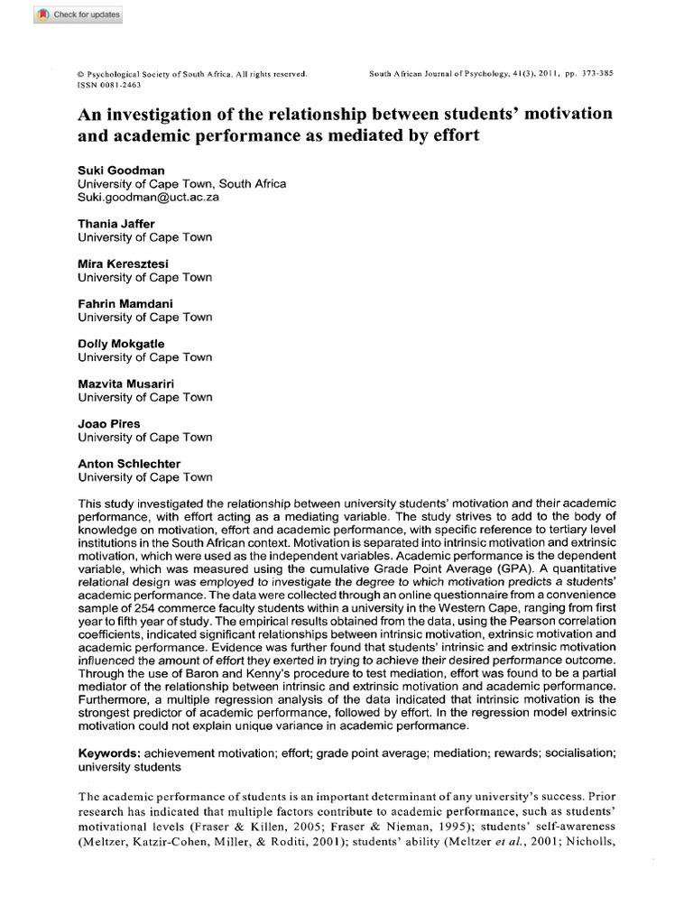 Motivation, Effort, and Academic Performance | PDF | Motivation ...