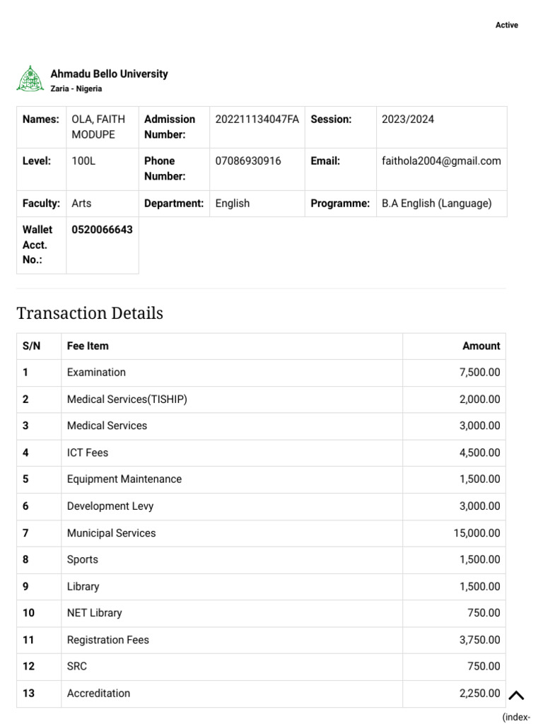 Transaction Details: Ahmadu Bello University | PDF | Payments