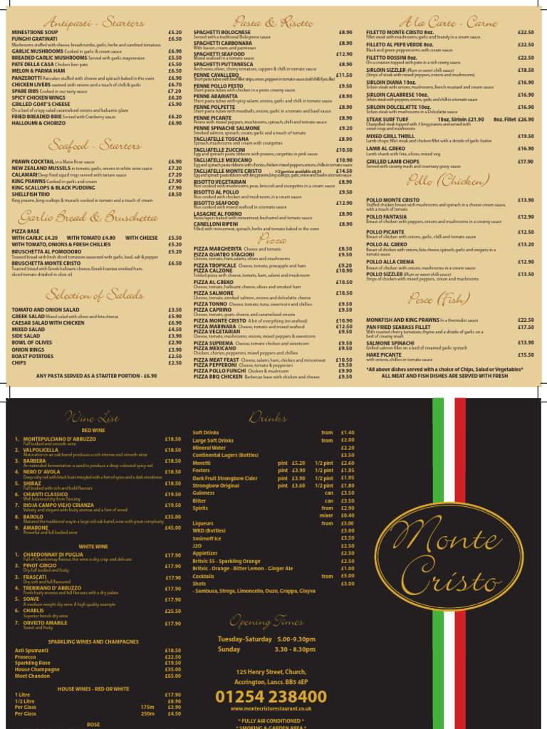 Monte Cristo Main Menu | PDF | Tomato Sauce | Pizza