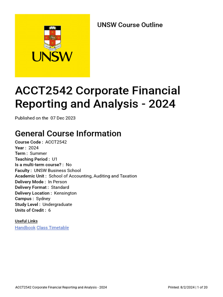 ACCT2542 Course Outline 2024 | PDF | Financial Statement | Accounting