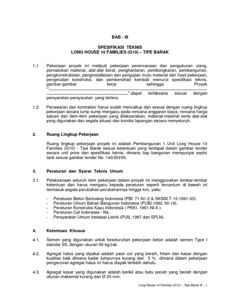 Spesifikasi Teknis - Long House 10 Families (G10) - Tipe Barak | PDF