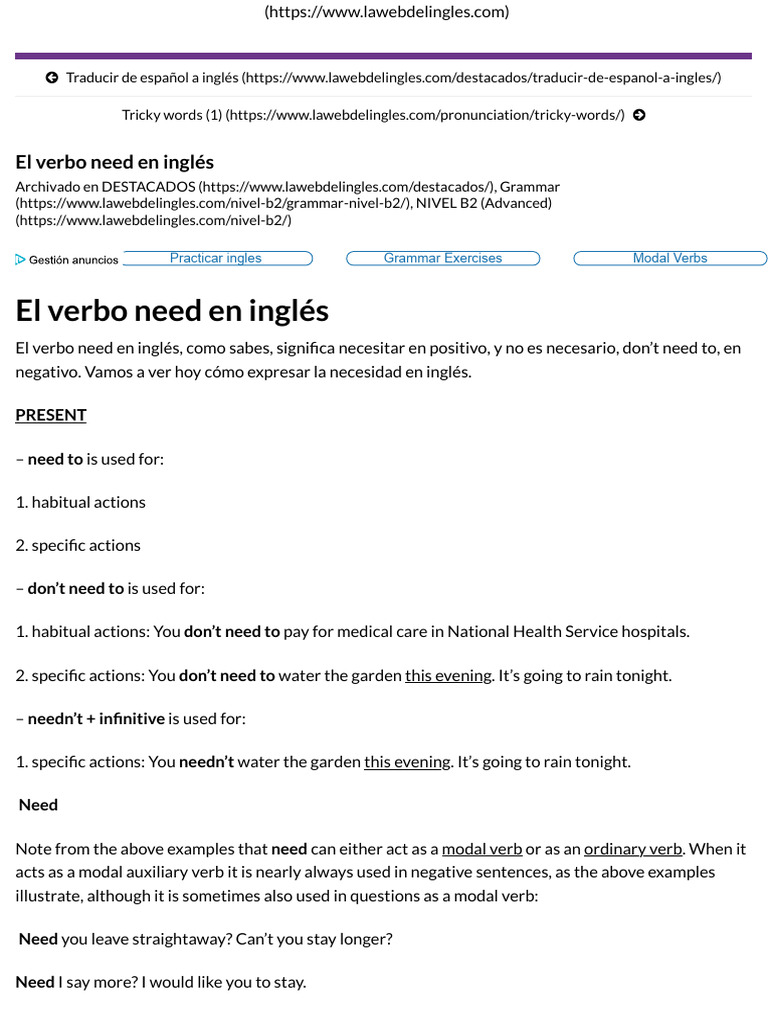 El Verbo Need en Inglés | PDF | Verb | Grammar