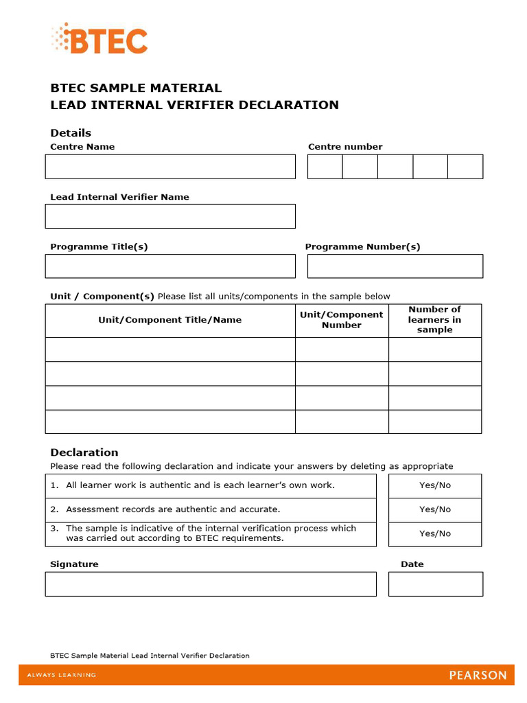 BTEC Lead Internal Verifier Sample Declaration | PDF