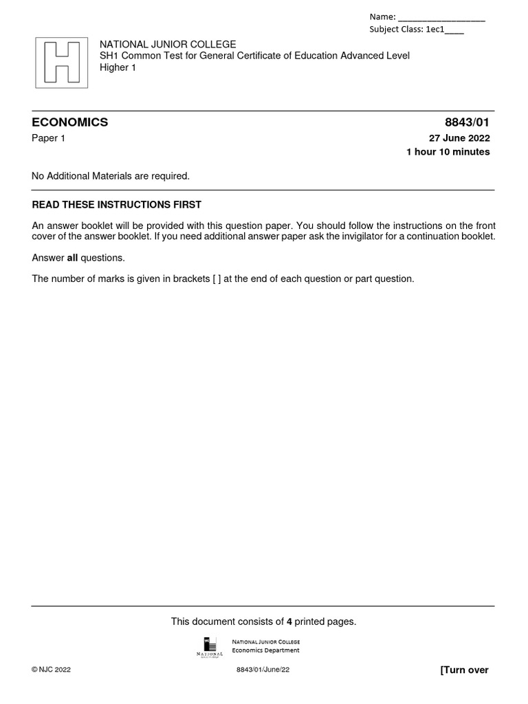 2022 Sh1 h1 Econs CT Paper 1 CSQ | PDF | Cotton | Plastic