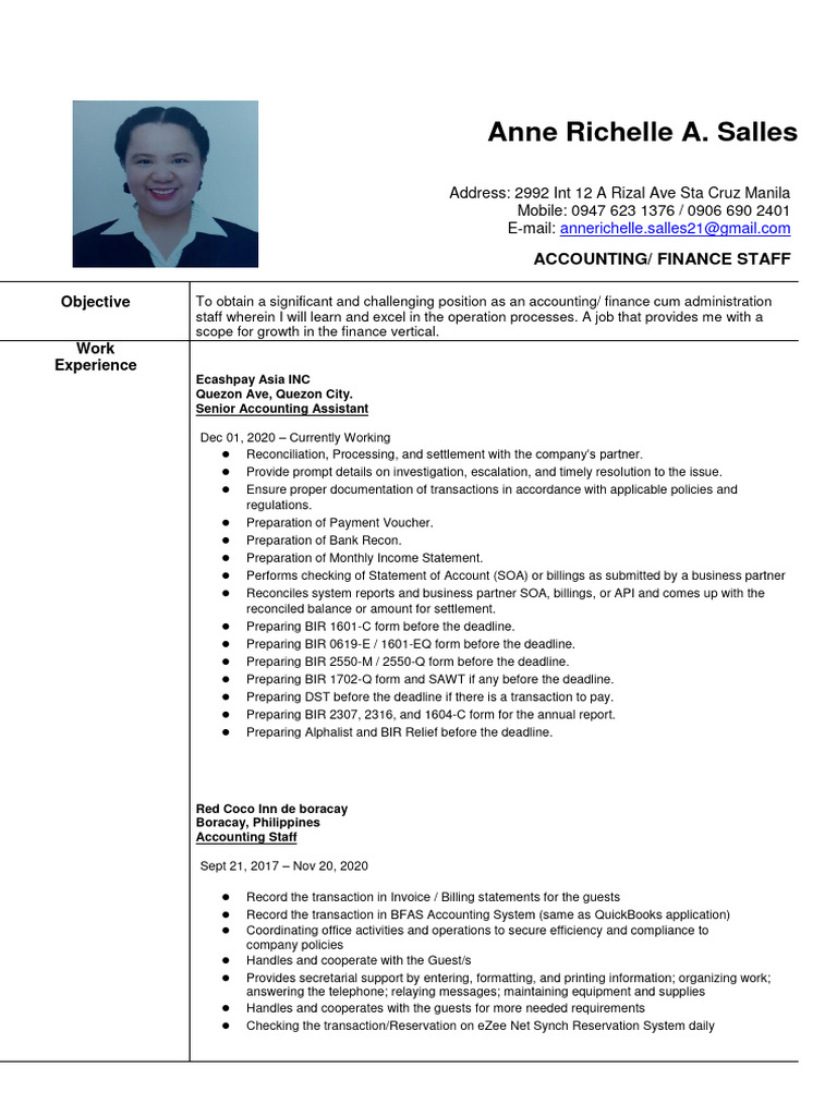 Anne Richelle Salles CV - Accountant | PDF | Accounting | Invoice