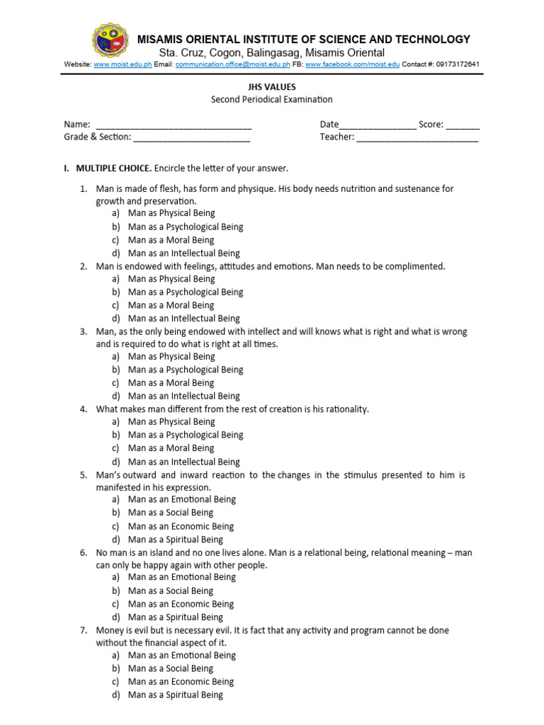 JHS Values Exam | PDF