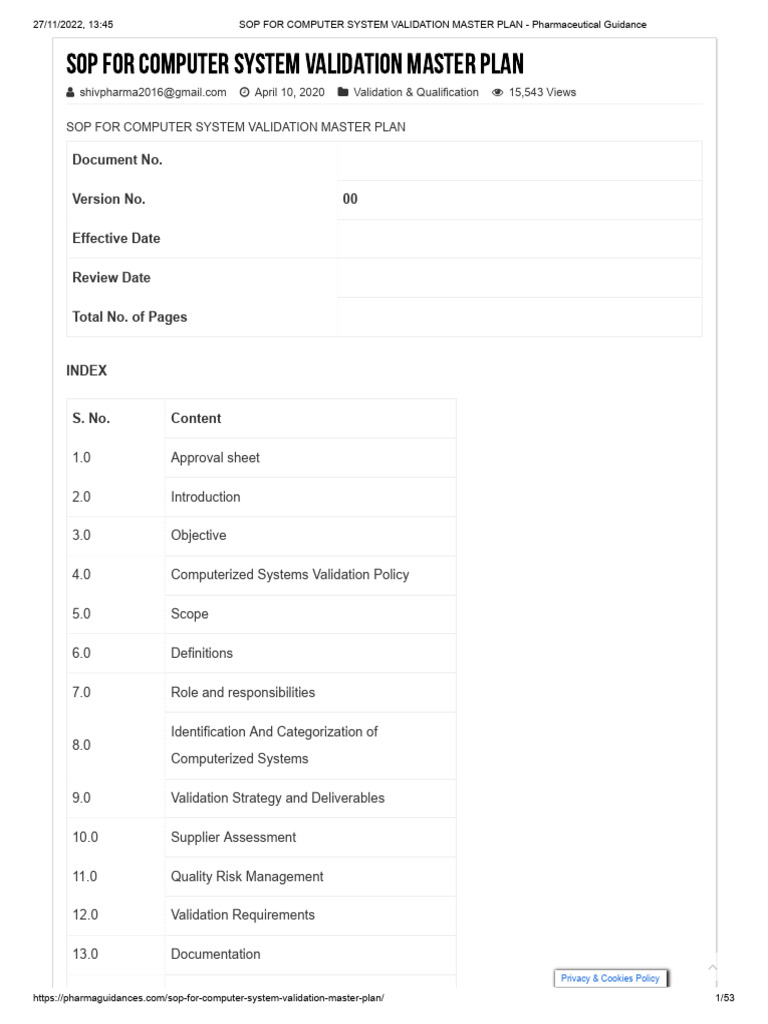 SOP FOR COMPUTER SYSTEM VALIDATION MASTER PLAN - Pharmaceutical Guidance | PDF | Verification ...