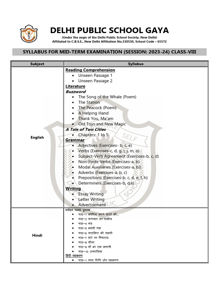 Class - VIII - Syllabus 2023-24 | PDF | Verb | Linguistic Typology