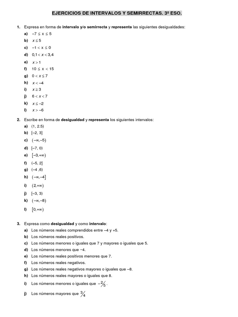 Ejercicios de Intervalos y Semirrectas | PDF