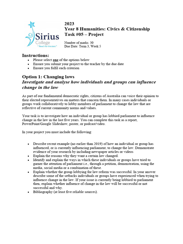 #05 Project Year 8 Civics and Citizenship 2023 | PDF | Grammar | Burden ...