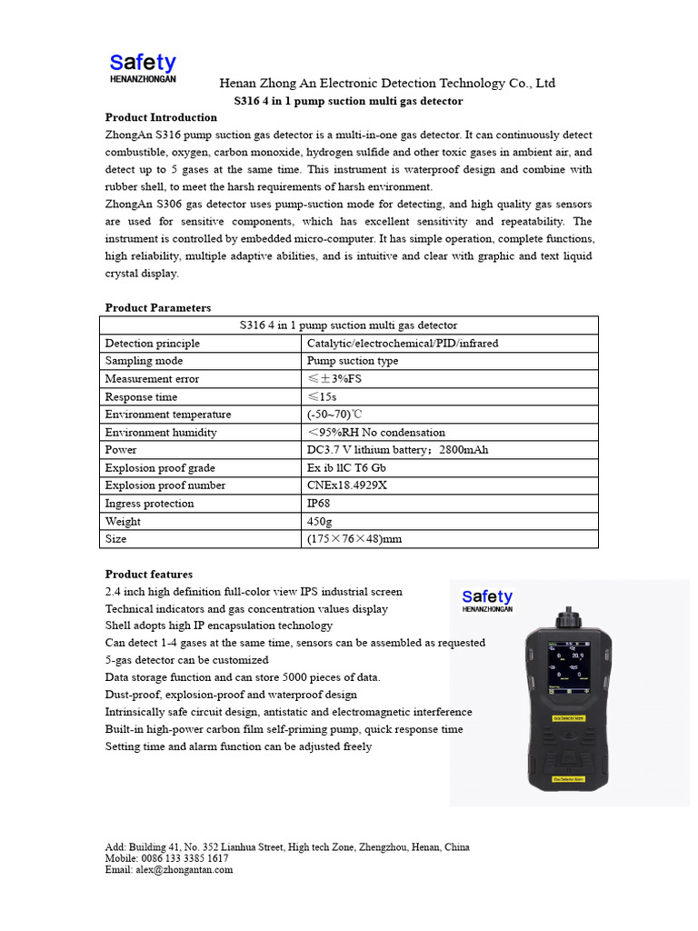 S316 4 in 1 Pump Suction Multi Gas Detector | PDF