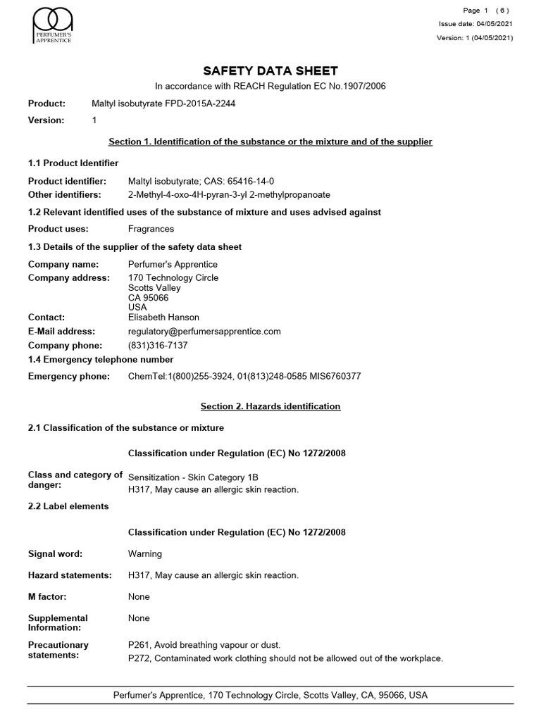 Maltyl Iso Butyrate MSDS | PDF | Toxicity | Materials