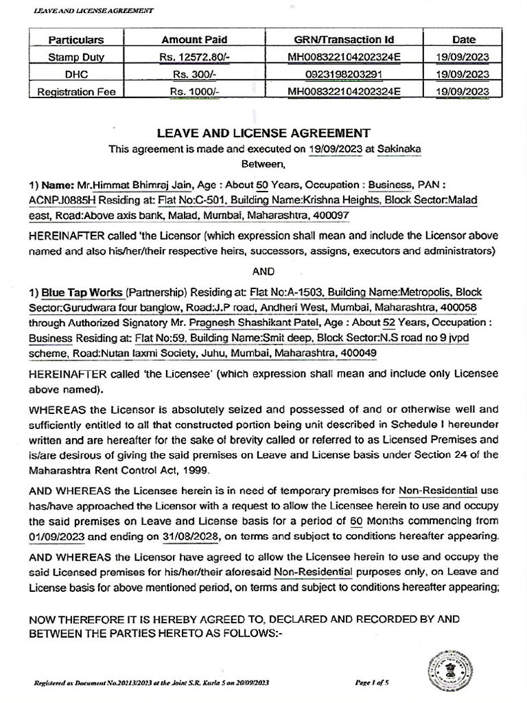 Rent Leave and Licenses Agreement | PDF