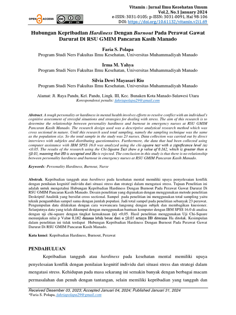 Hubungan Kepribadian Hardiness Dengan Bornout Pada Perawat Igd 2024 | PDF | Psychology | Statistics