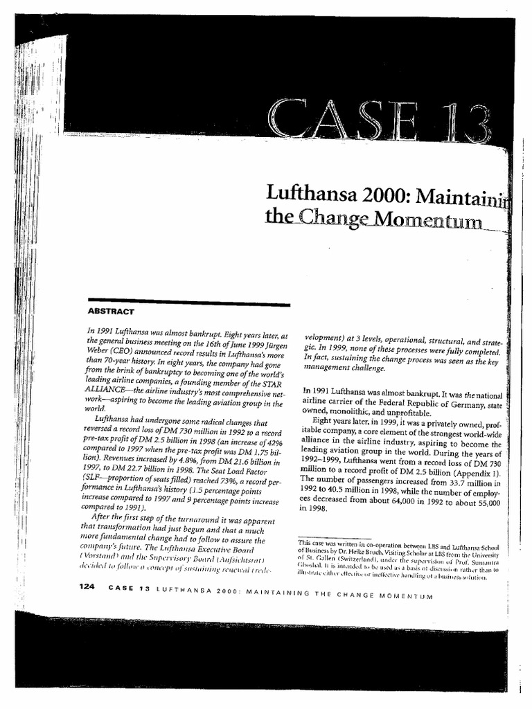 Case 4 Lufthansa 2000 Maintaining The Change Momentum | PDF