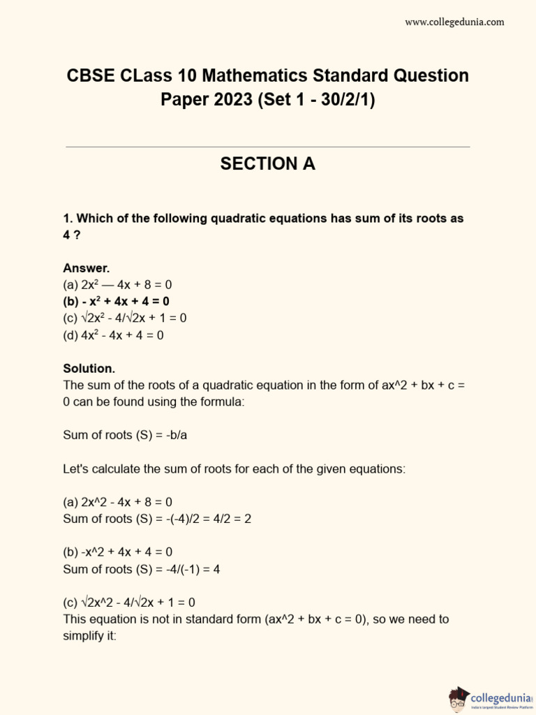CBSE CLass 10 Mathematics Standard Question Paper 2023 Set 1 30 2 1 | PDF | Quadratic Equation ...