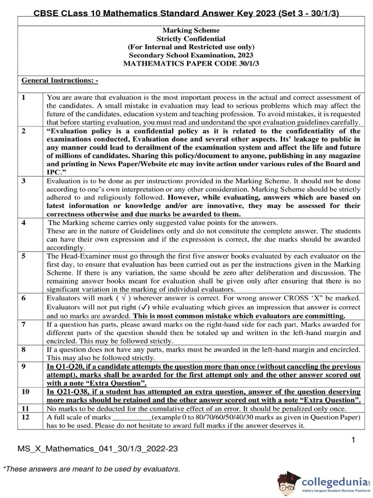 CBSE Class 10 Math Answer Key | PDF | Teaching Methods & Materials