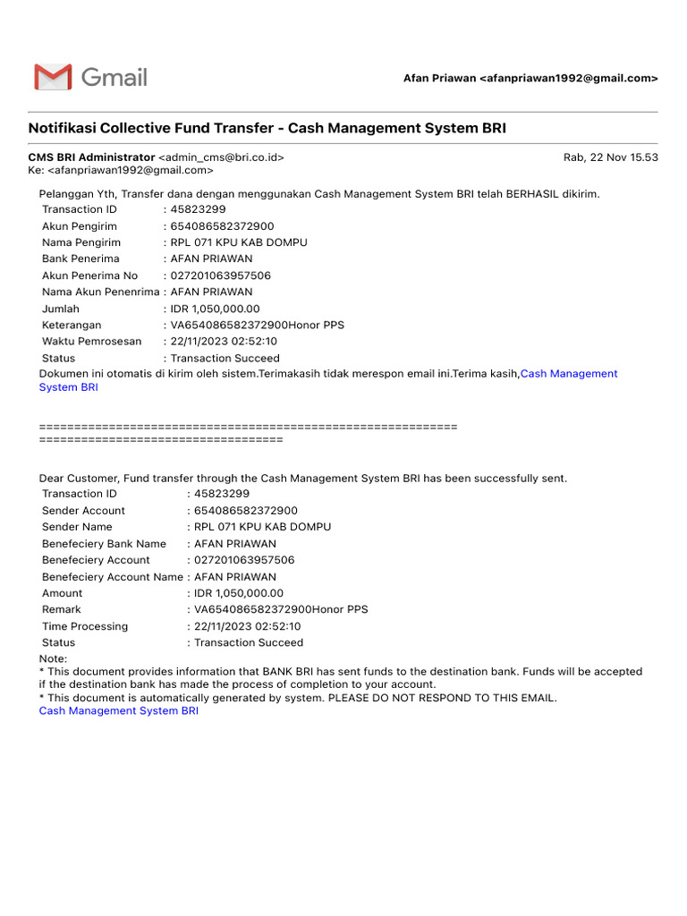 Notifikasi Collective Fund Transfer - Cash Management System BRI | PDF