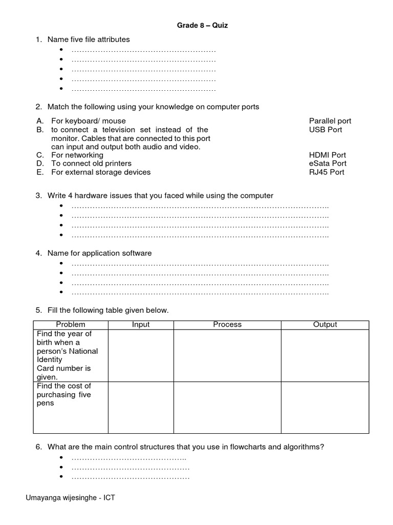 Grade 8 ICT Quiz | PDF | Computer Hardware | Office Equipment