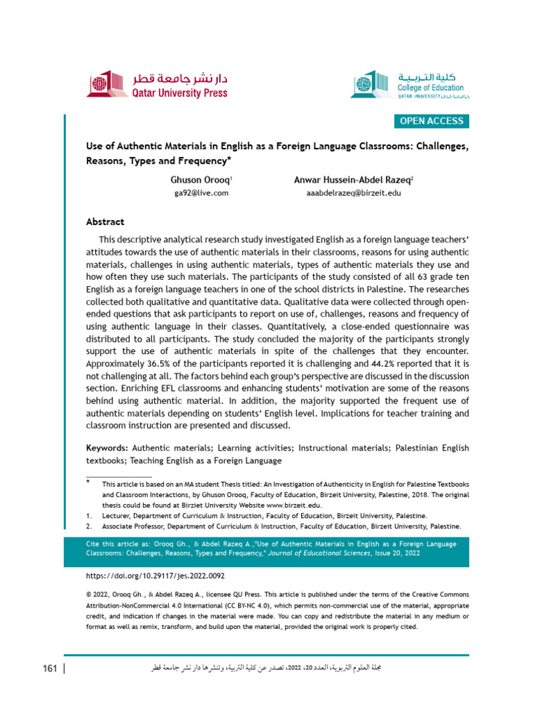 Use+of+Authentic+Materials+in+English+as+a+Foreign+Language+Classrooms_+Challenges,+Reasons ...