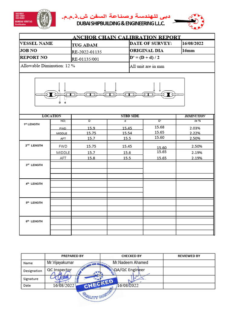Anchor Chain Calibration-Tug Adam | PDF