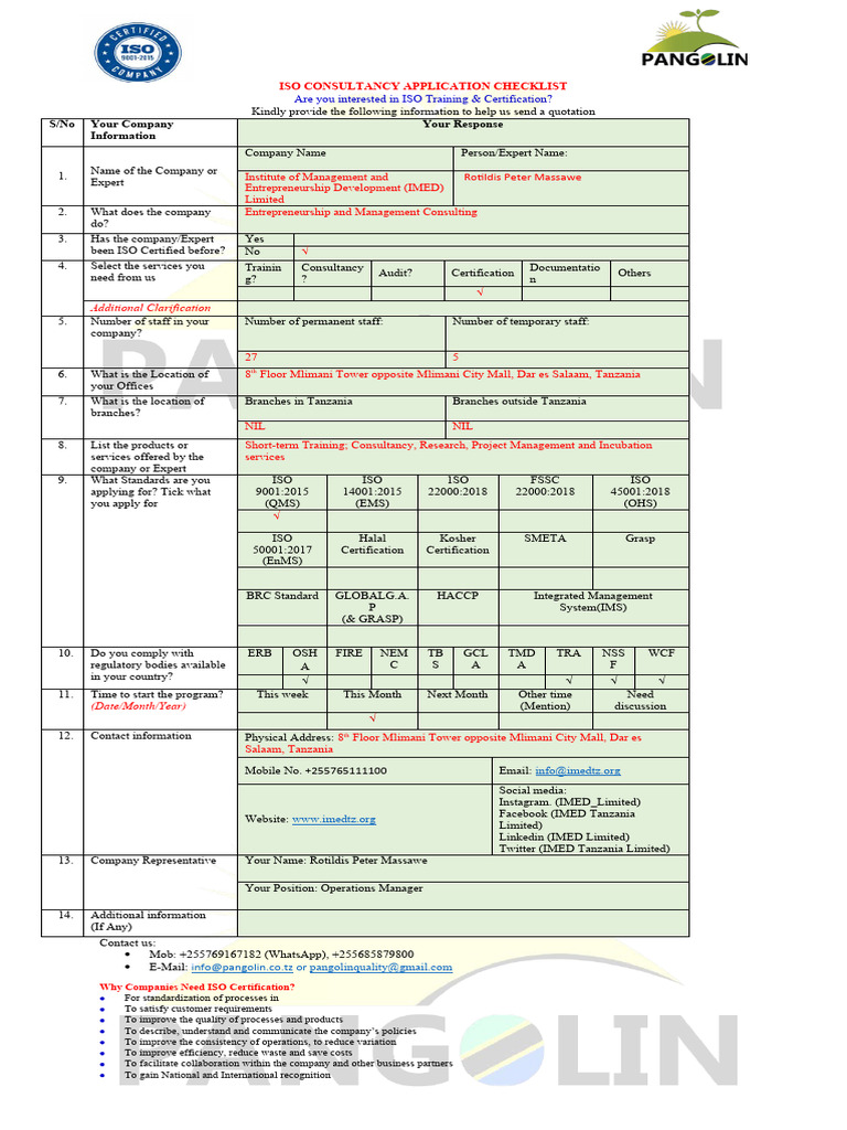 F-13-Iso Consultancy & Certification Checklist 2024-r01 Imed | PDF | Business