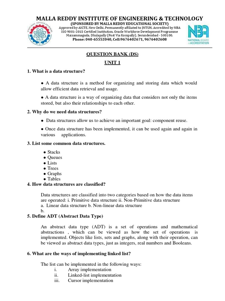DS QUESTION BANK UPDATED One | PDF | Queue (Abstract Data Type) | Algorithms And Data Structures