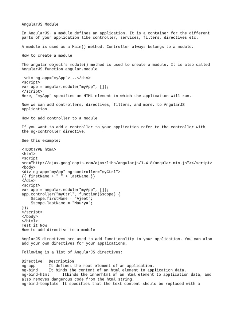 AngularJS Module | PDF | Angular Js | Html AngularJS Module | PDF | Angular Js | Html