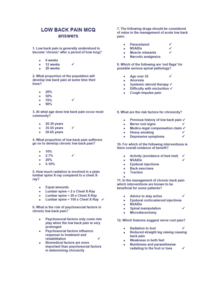 Low Back Pain MCQs and Answers | PDF | Back Pain | Low Back Pain
