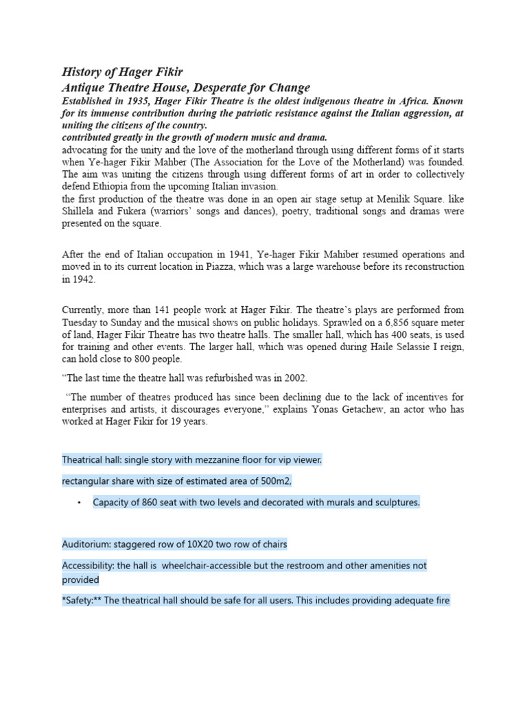 History of Hager Fikir | PDF | Theatre