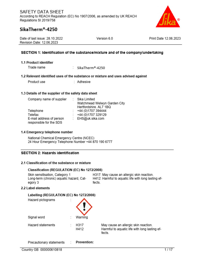 SikaTherm® 4250 | PDF | Toxicity | Dangerous Goods