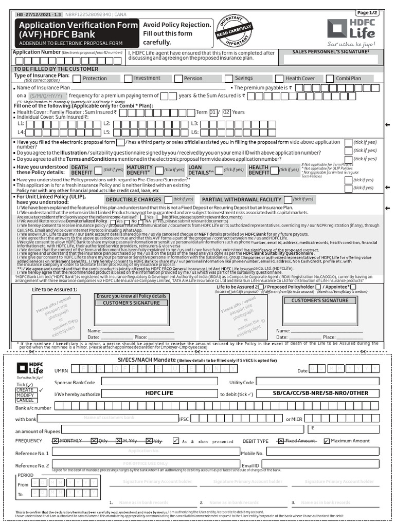 AVF HDFC Bank Form | PDF | Debit Card | Insurance