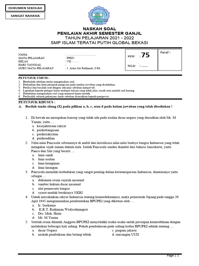 Soal PAS PPKN Kelas 7 | PDF | Politik