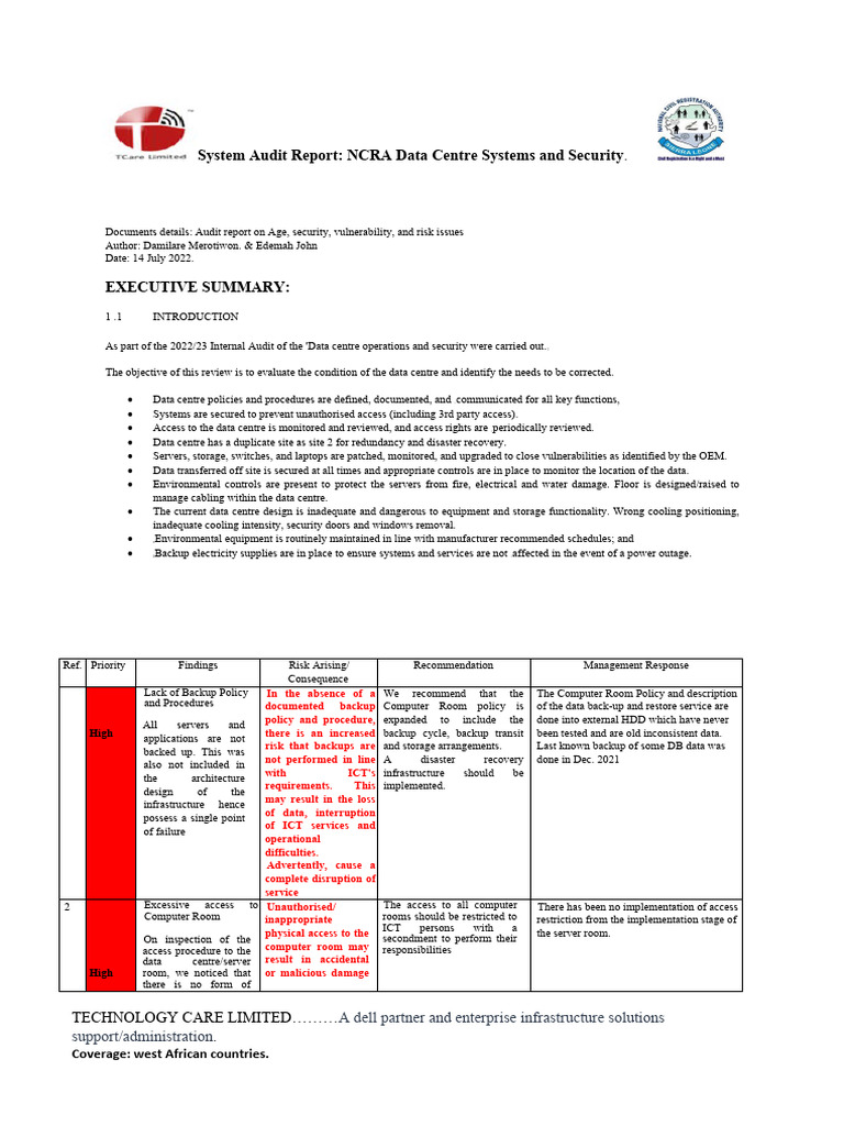 NCRA Data Centre Audit Findings | PDF | Data Center | Computer Security