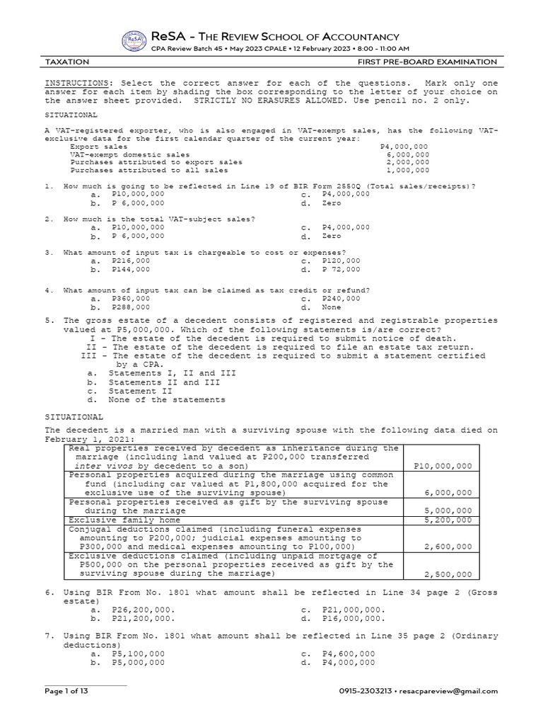 ReSA B45 TAX First PB Exam - Questions, Answers - Solutions | PDF | Value Added Tax | Taxes