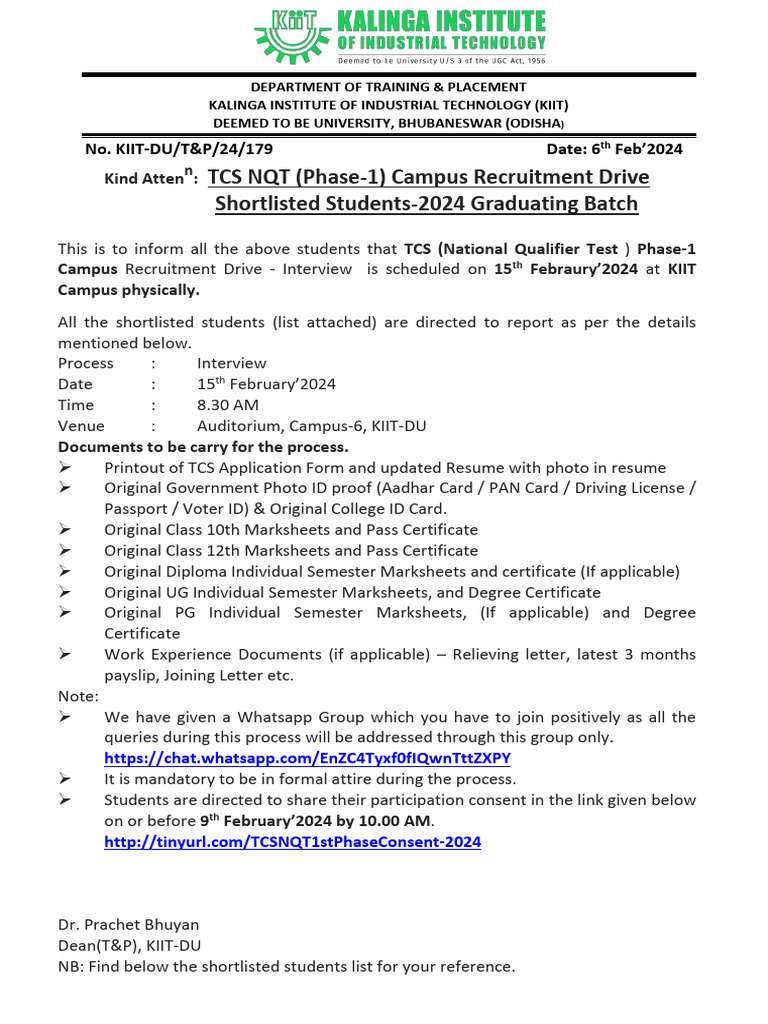 TCS (Phase-1) Campus Recruitment Drive - Interview On 15th Feb'2024 For 2024 Graduating Batch | PDF