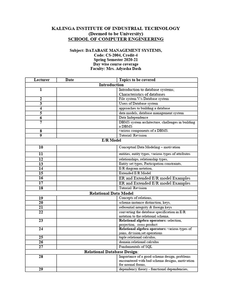 DBMS Day Wise Lession Plan 2021 | PDF | Relational Model | Relational Database