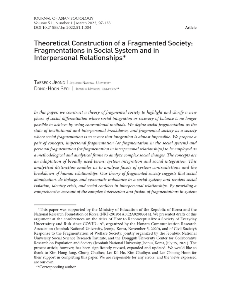 Theoretical Construction of A Fragmented Society Fragmentations in ...