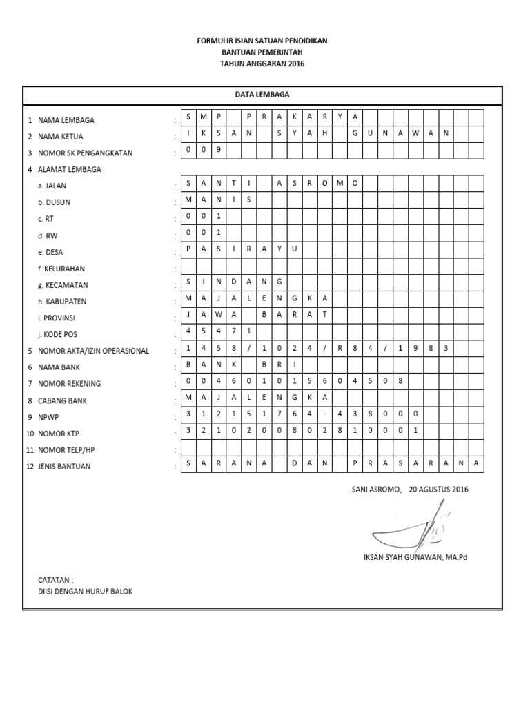 Formulir Isian Satuan Pendidikan | PDF