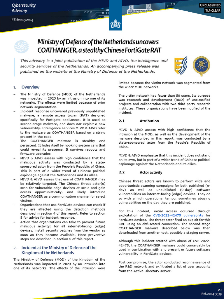 TLP-CLEAR MIVD AIVD Advisory COATHANGER | PDF | Malware | Security