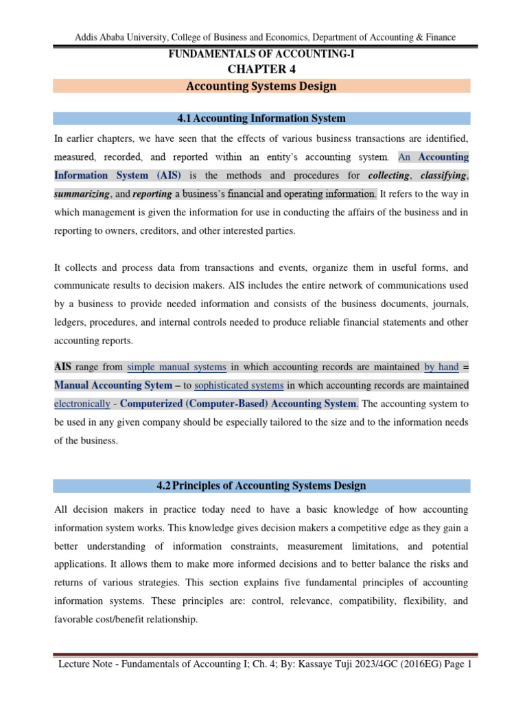 Fundamentals of Acct - I, Lecture Note - Chapter 4 | PDF | Internal ...