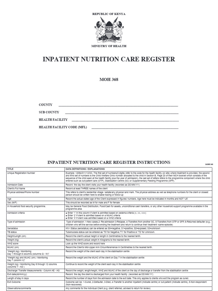 Inpatient Nutrition Care Register MOH 368 | PDF | Patient | Health Care