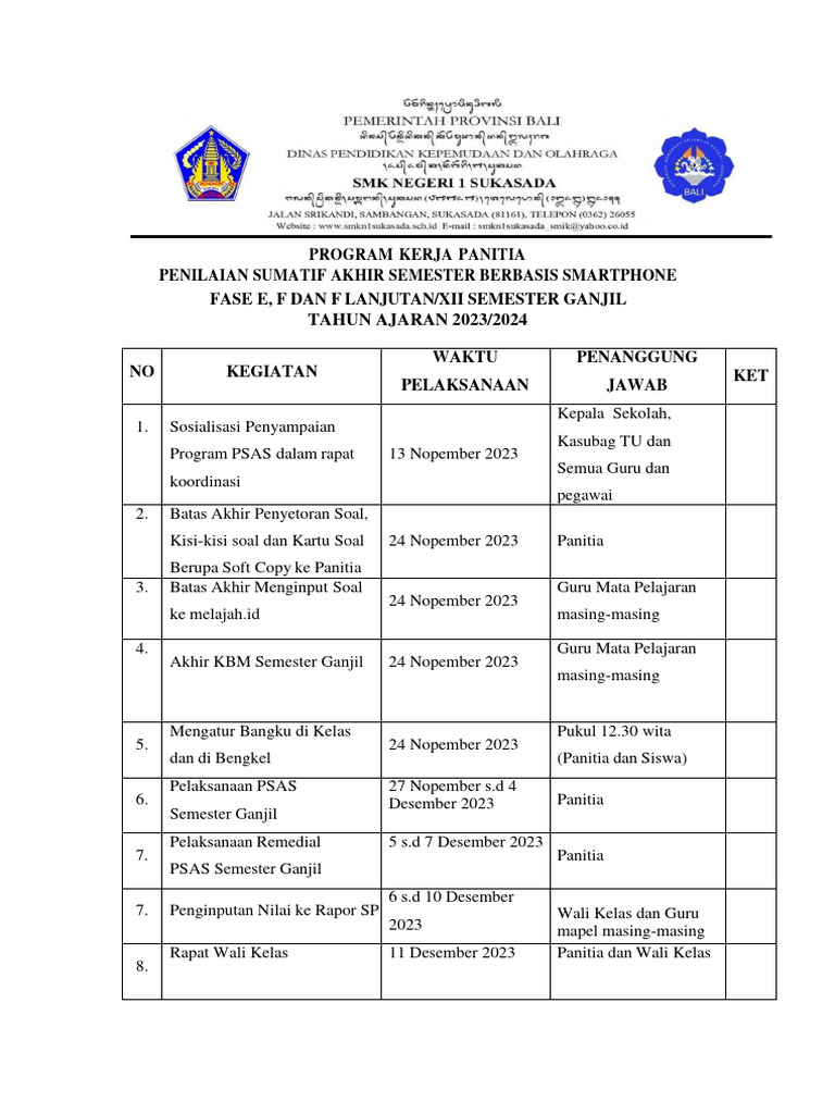 Program Kerja Psas Ganjil 2023-2024. | PDF