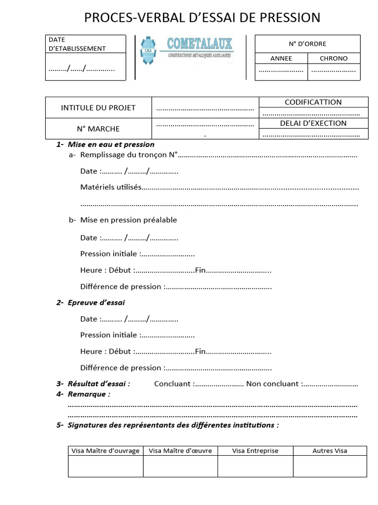 Proces Verbal D'essai de Pression | PDF