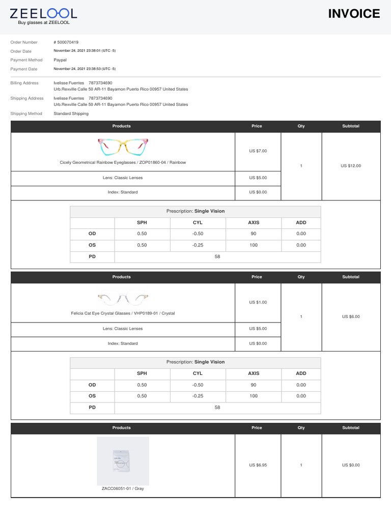 ZEELOOL Order Invoice Summary | PDF | Glasses | Lenses