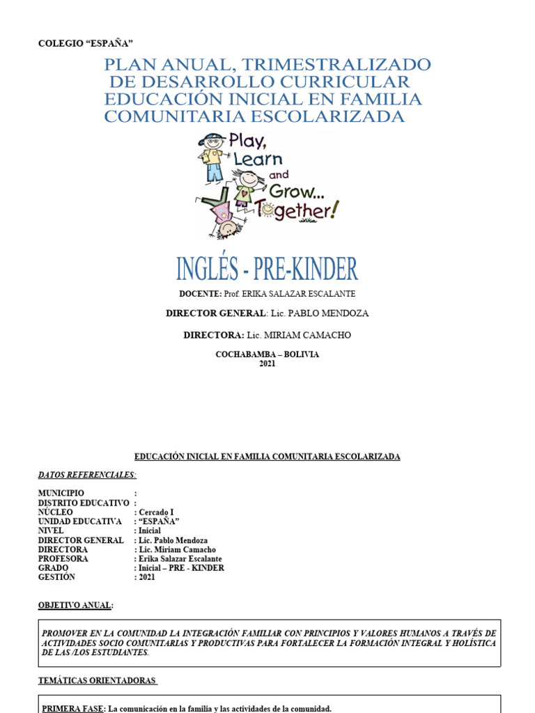 Ingles - Plan Anual Trimestralizado Pre-Kinder 2021 - Colegio España ...