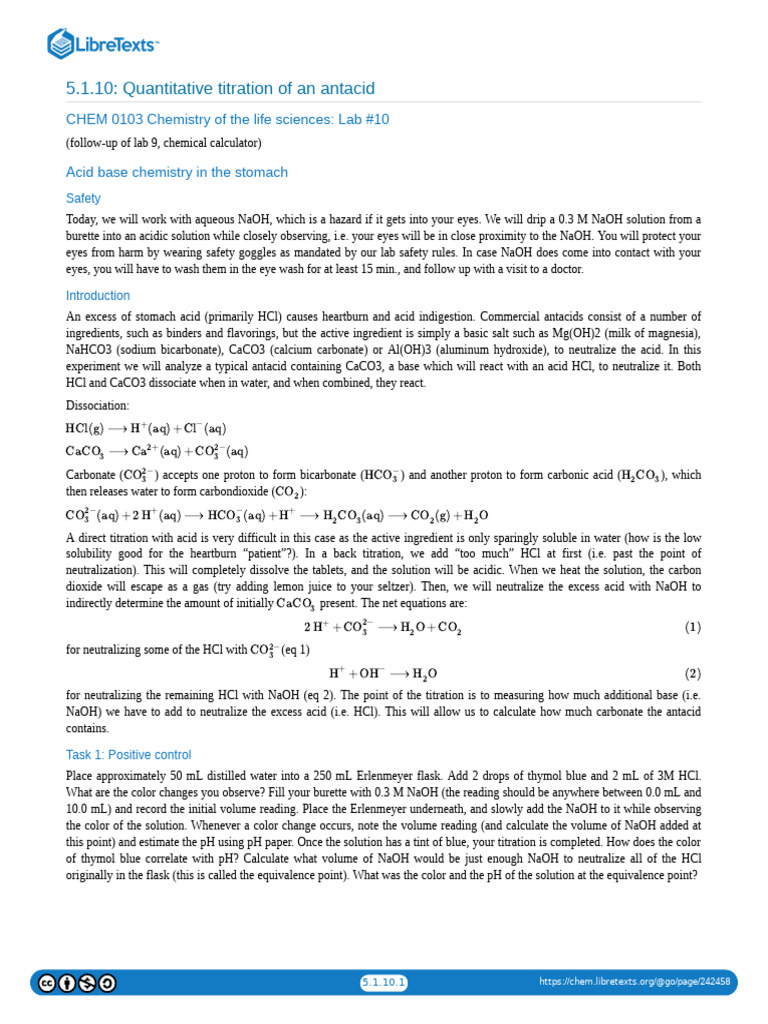 5.1.10 Quantitative Titration of An Antacid | PDF | Acid | Hydrochloric ...